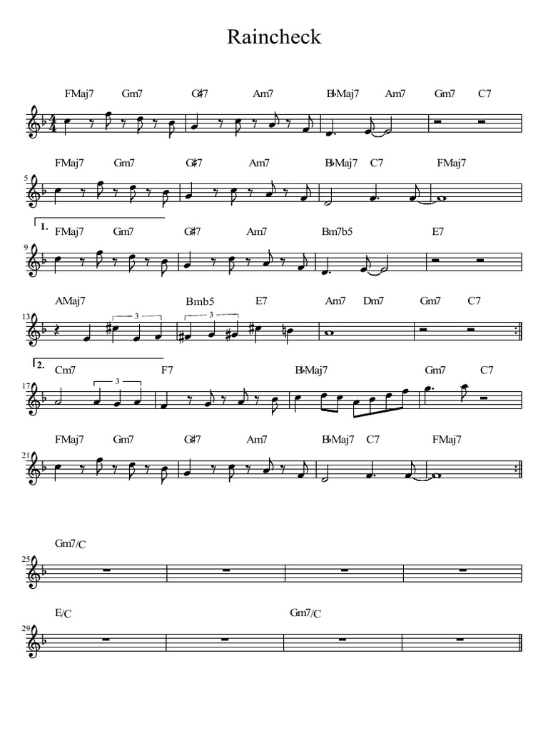 Raincheck: Gm7 C7 Am7 B Maj7 Am7 G 7 Gm7 Fmaj7 | PDF