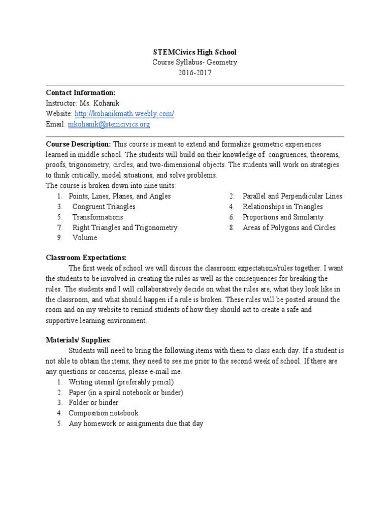 Geometry Syllabus | PDF | Homework | Geometry