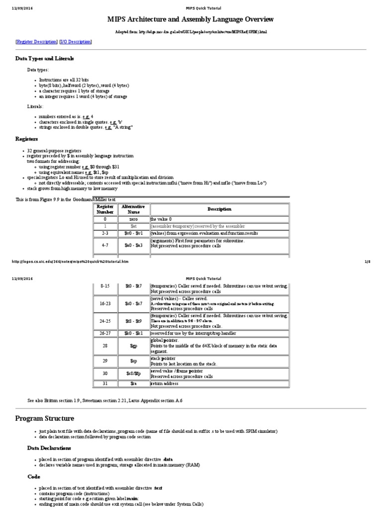 Assembly MIPS Quick Tutorial | PDF | String (Computer Science) | Subroutine