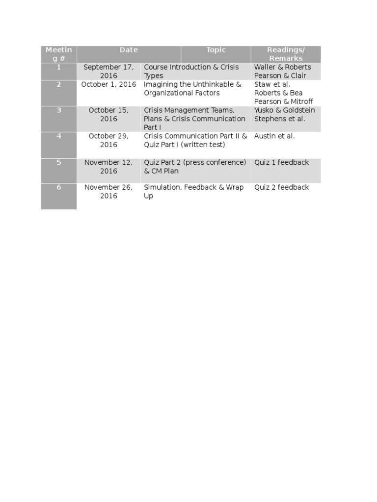 Crisis Management Schedule Fall2016 | PDF