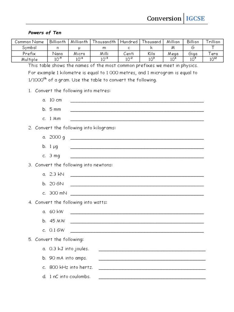 Physics Worksheet AS Level - Conversion | PDF | Watt | Kilogram