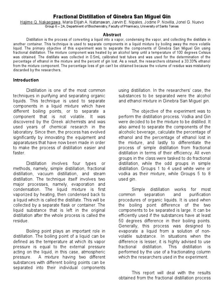 Fractional Distillation of Ginebra San Miguel Gin | PDF | Distillation ...