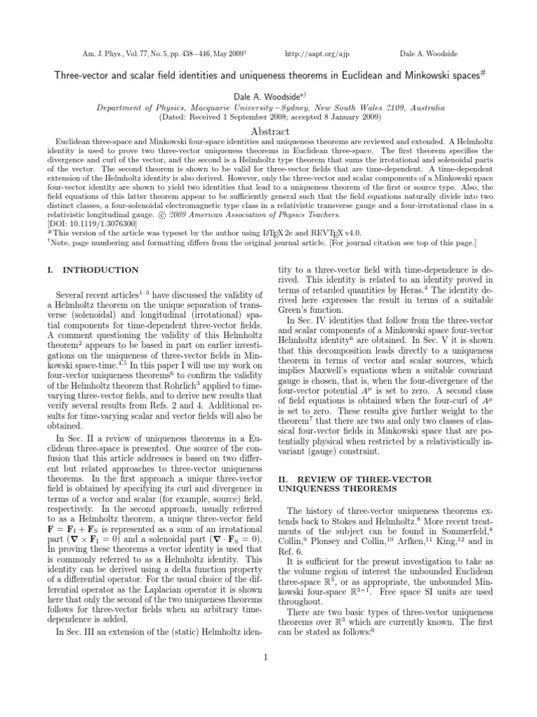 Three-Vector and Scalar Field Identities and Uniqueness Theorems in Euclidean and Minkowski ...