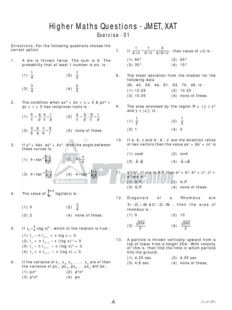 Higher Maths Questions - JMET, XAT | PDF | Tangent | Sine