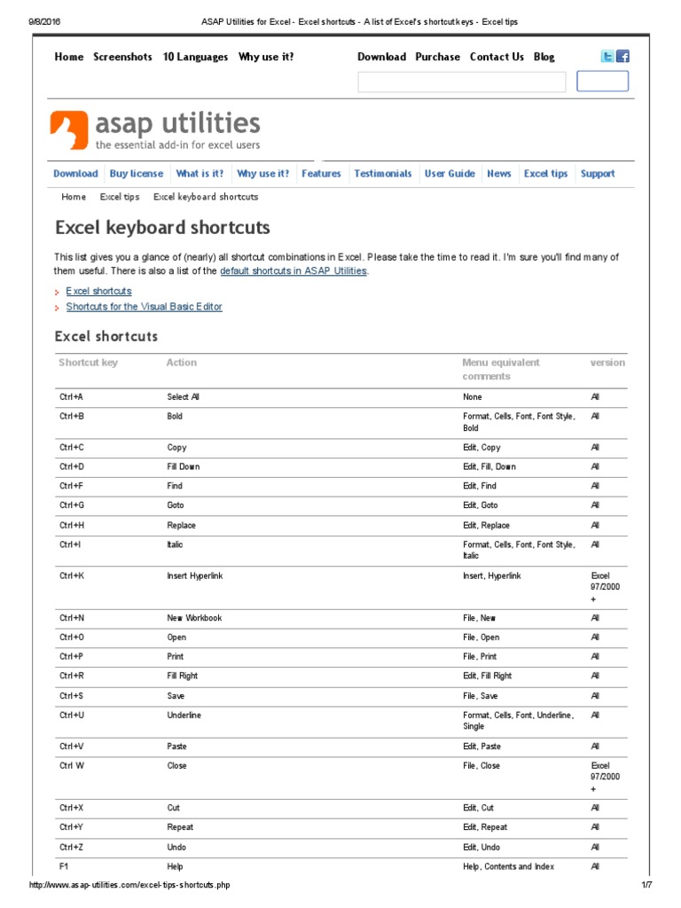 ASAP Utilities For Excel - Excel Shortcuts - A List of Excel's Shortcut Keys - Excel Tips PDF ...