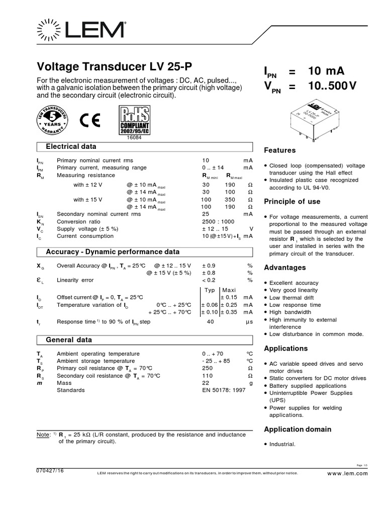 LV 25P VoltageTransducer | PDF | Power Supply | Electrical Network