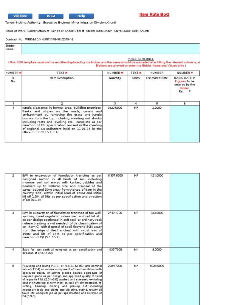 Item Rate Boq: Validate Print Help | PDF