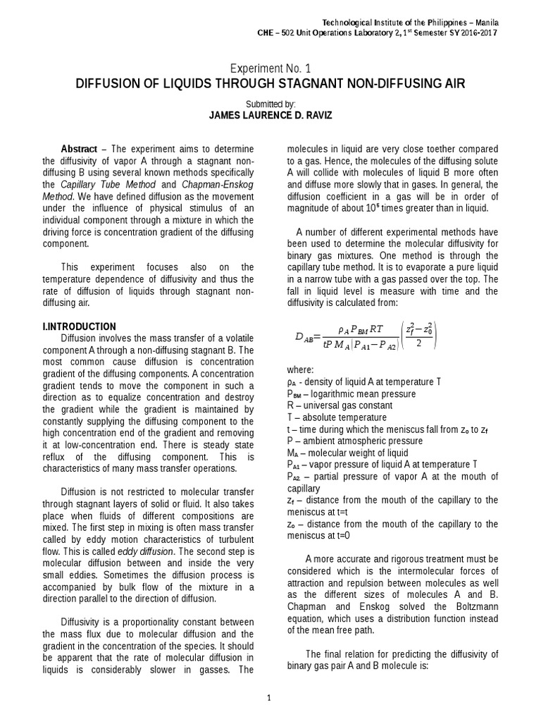Experiment 1 (Diffusion) | PDF | Diffusion | Gases