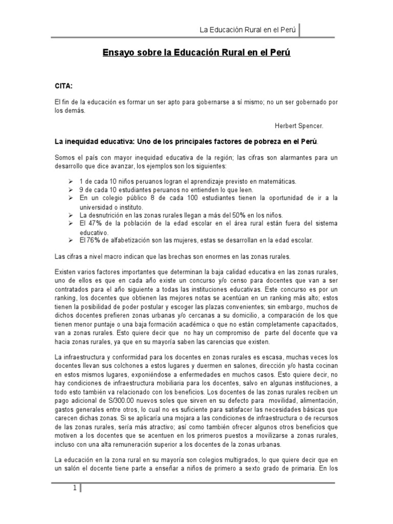 Ensayo Sobre La Educación Rural en El Perú | PDF | Área rural | Perú