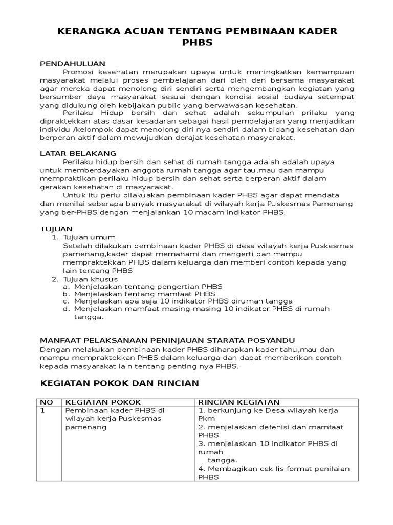 Kerangka Acuan Pelatihan Kader PHBS | PDF | Karier & Perkembangan