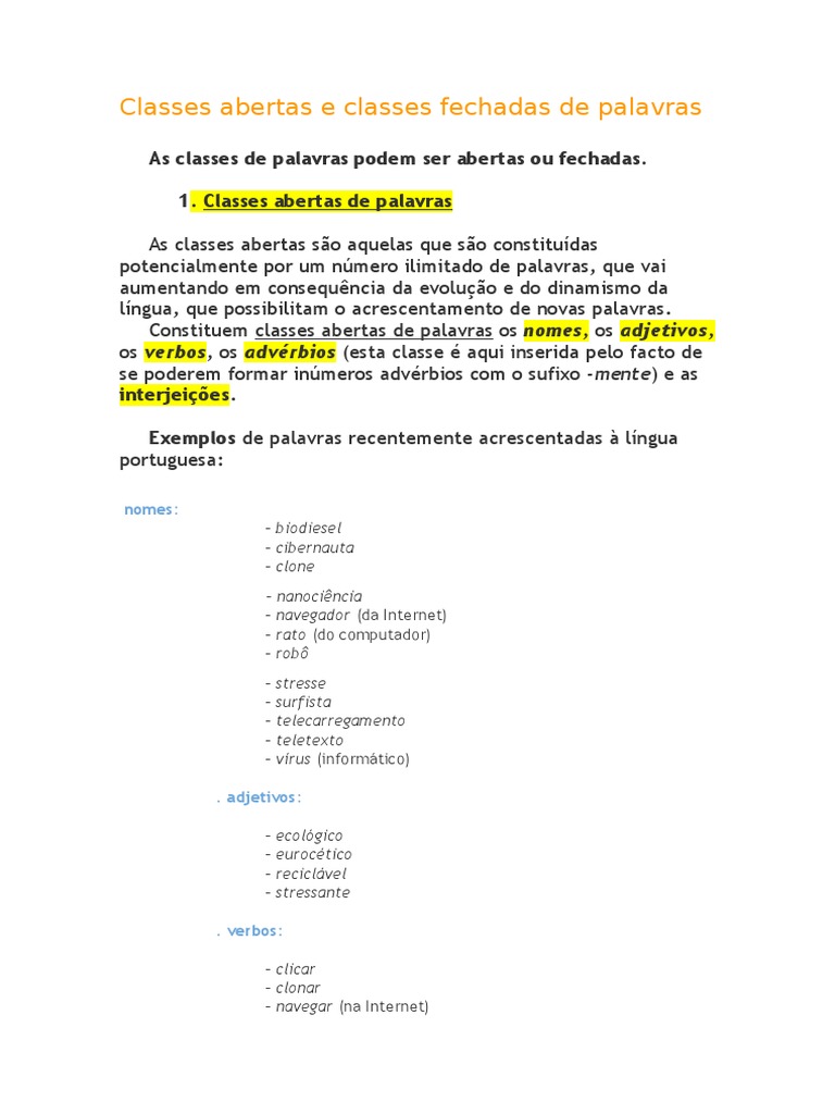Classes Abertas e Classes Fechadas de Palavras