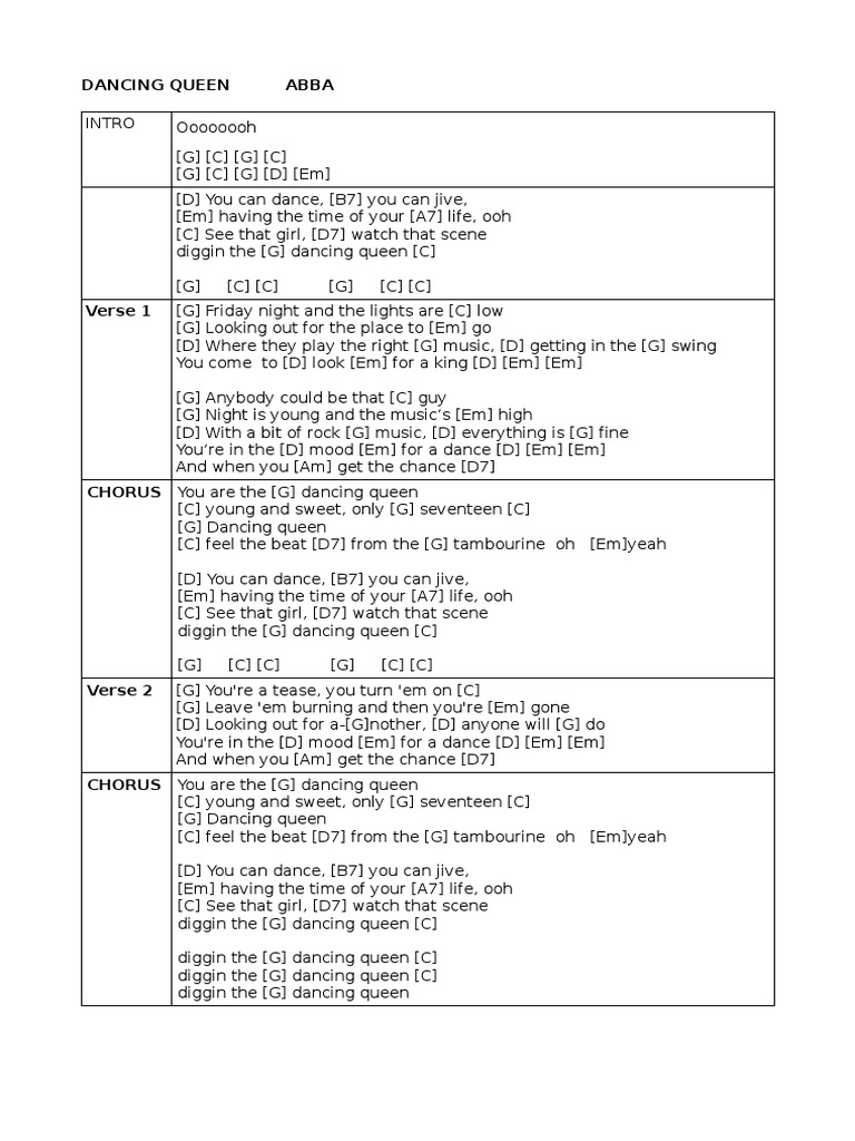ABBA's Dancing Queen Lyrics and Chords | PDF