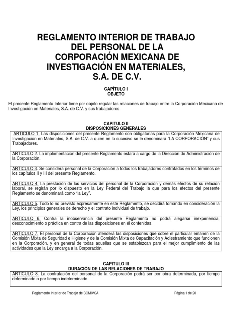 Reglamento Interno de Trabajo COMIMSA México.pdf | Derecho laboral | Corporaciones