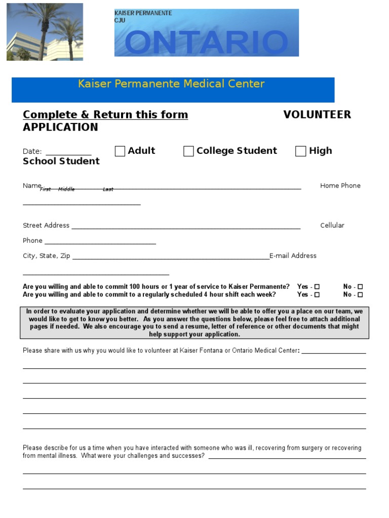 Kaiser Volunteer Application | PDF | Kaiser Permanente | Volunteering