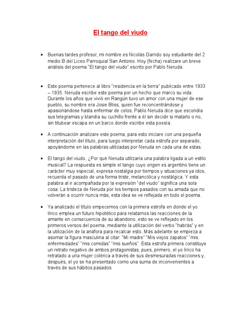 Análisis del poema El tango del viudo de Pablo Neruda | PDF | Musica ...