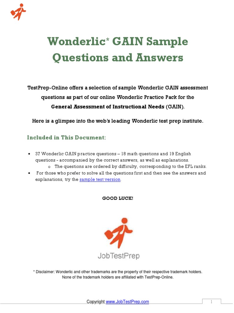 Wonderlic Gain Sample Questions and Answers | PDF | Fraction ...