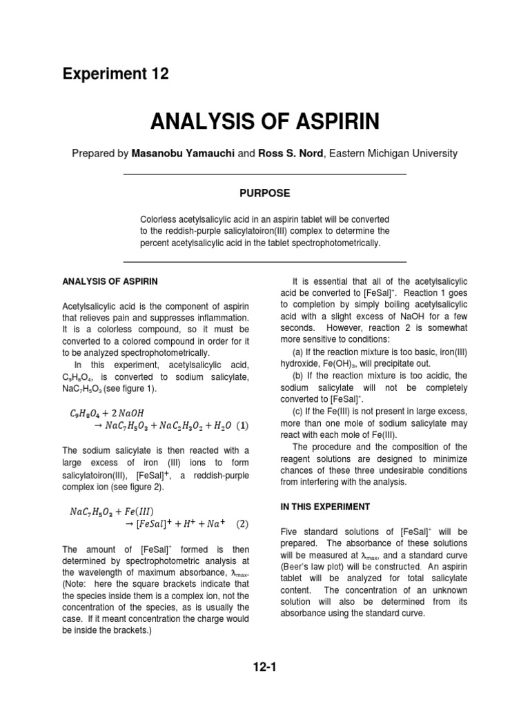 Spectrophotometric Analysis of Aspirin | PDF | Sodium Hydroxide | Aspirin