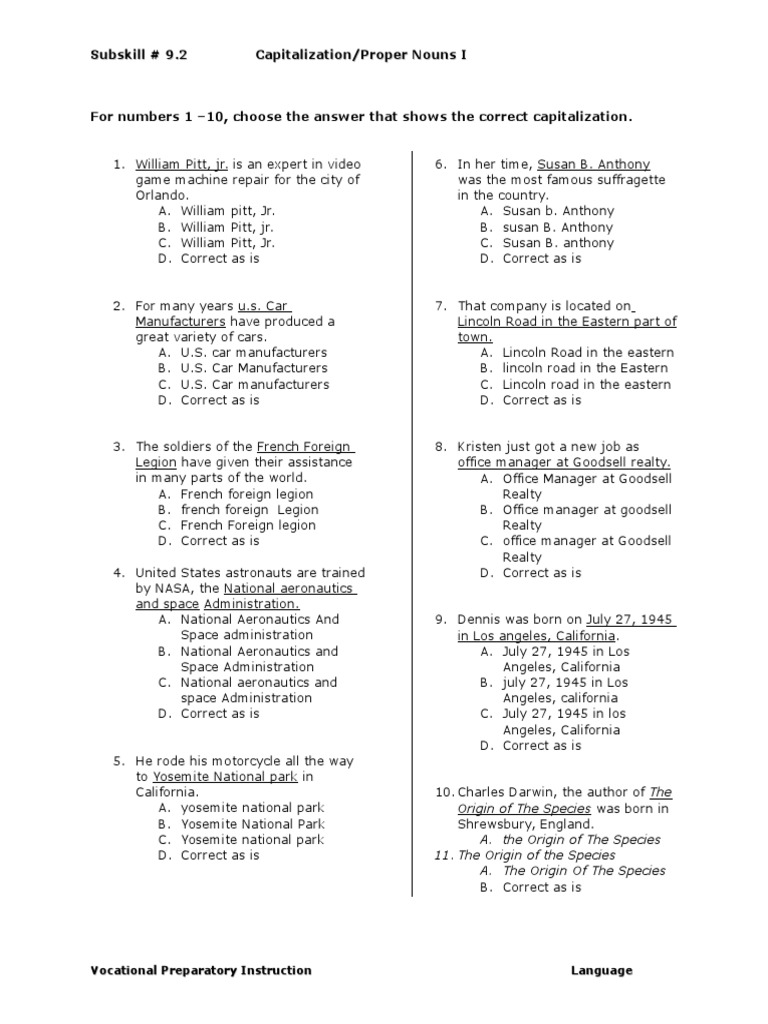 Proper Nouns Capitalization Quiz | PDF