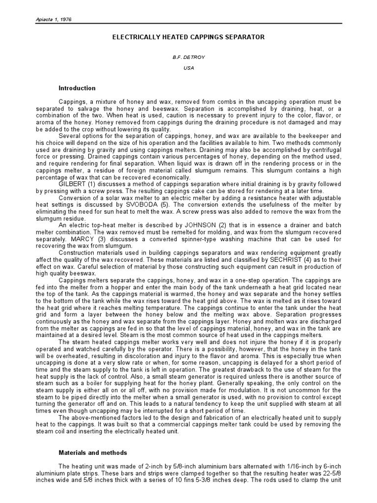 Electric Control of Cappings Melter Temperature for Optimal Honey, Wax ...