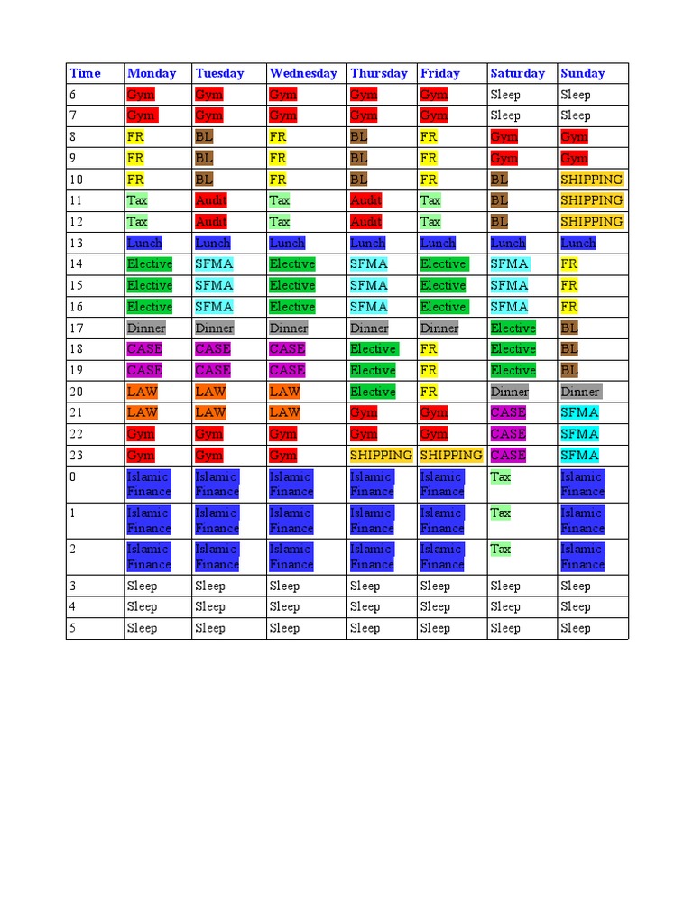 Time Monday Tuesday Wednesday Thursday Friday Saturday Sunday | PDF