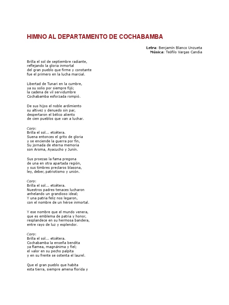 Himno Al Departamento de Cochabamba | PDF