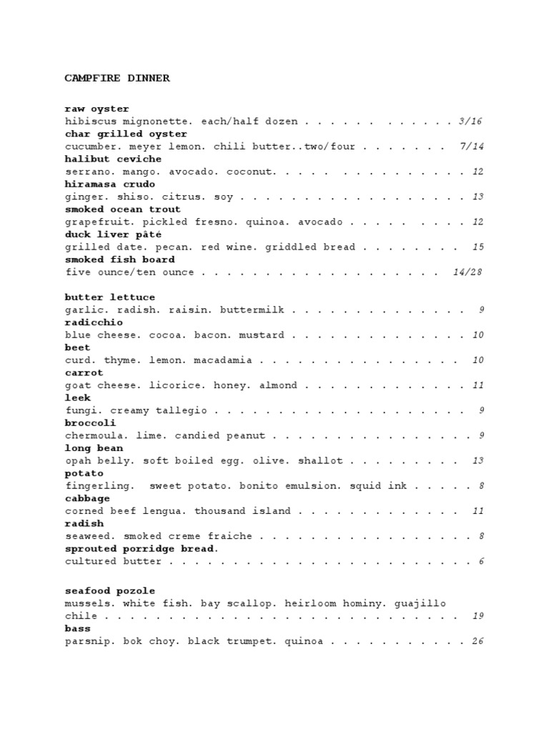 Campfire Dinner, Cocktail & Lunch Menus | PDF | Foods | Cuisine