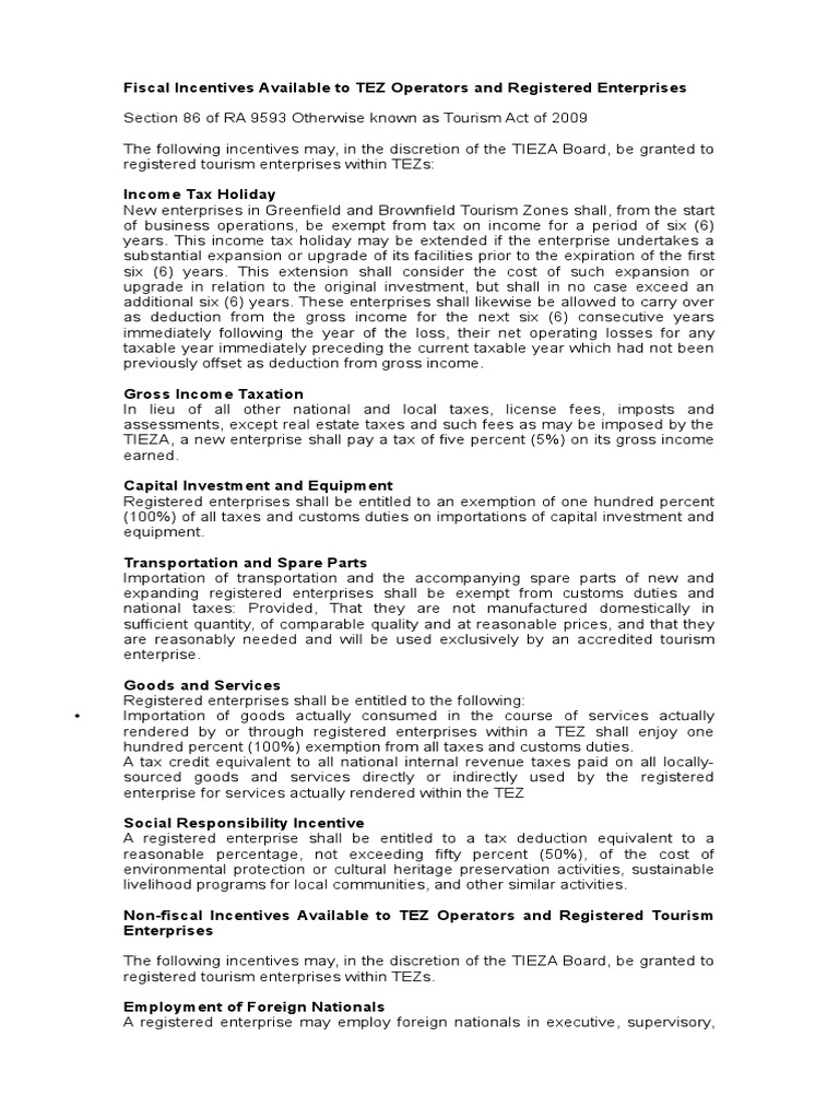 Fiscal Incentives Available To TEZ Operators and Registered Enterprises ...