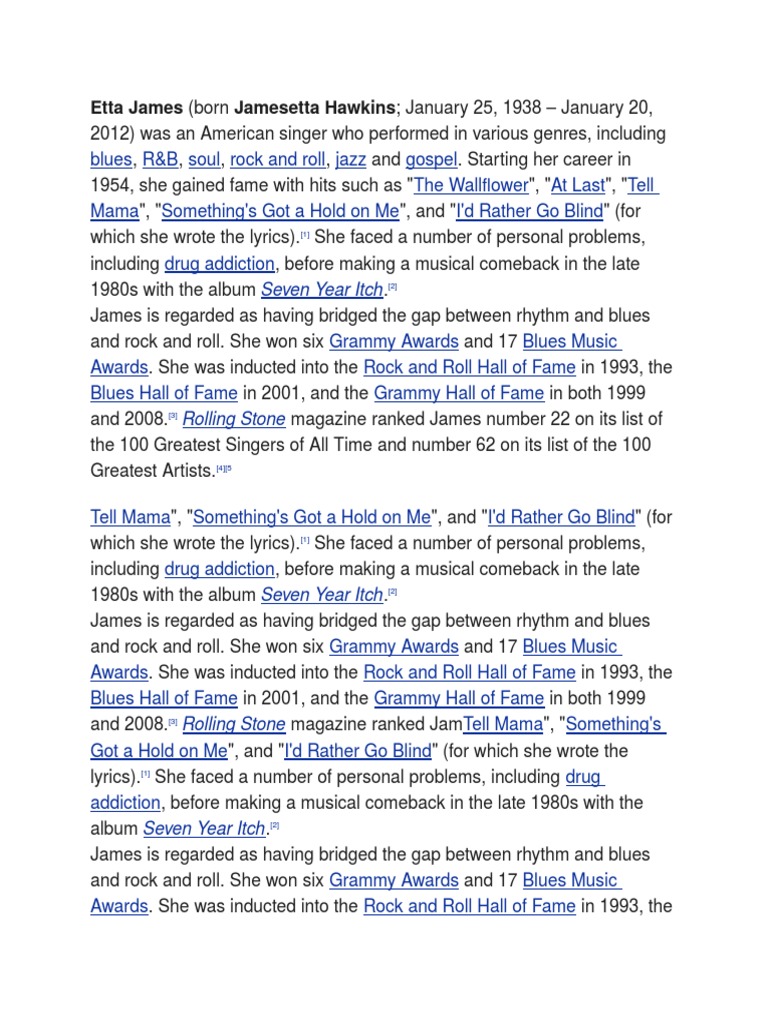 Etta James (Born Jamesetta Hawkins January 25, 1938 - January 20 | PDF