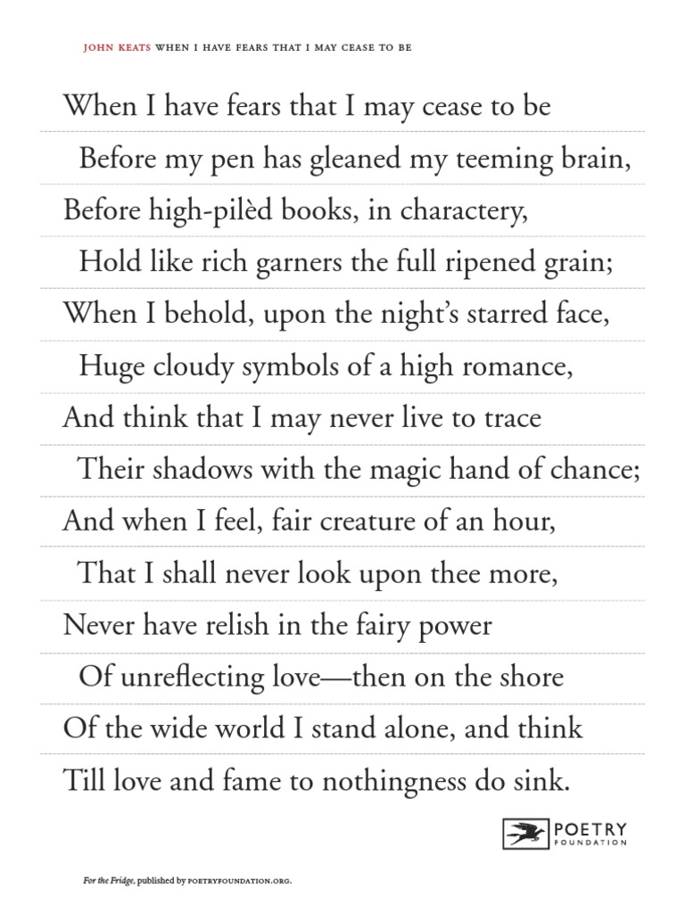 John Keats: When I Have Fears That I May Cease To Be | PDF | Poetry ...
