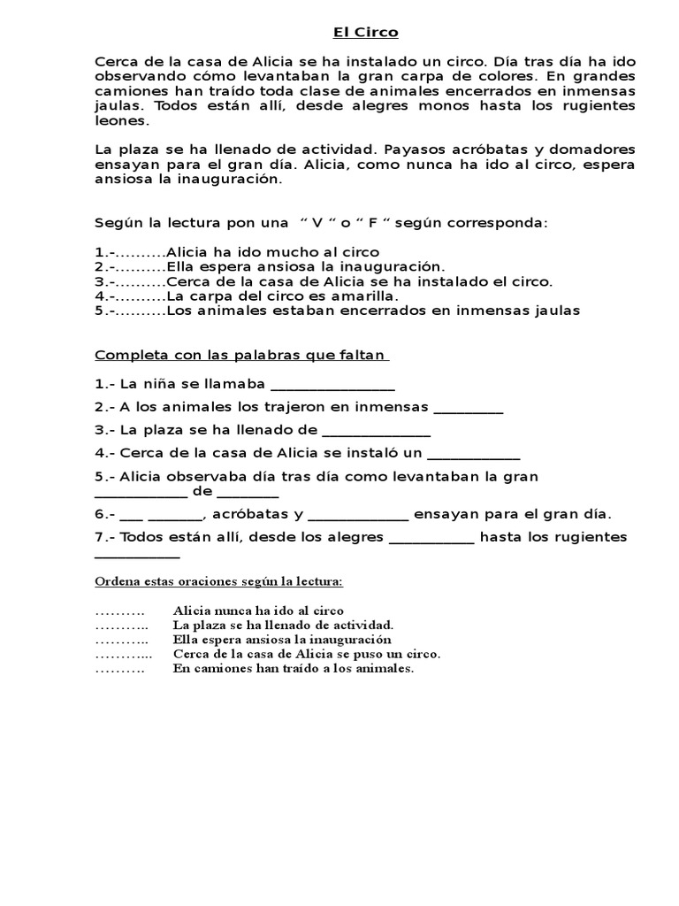 Oraciones y lectura sobre el circo | PDF