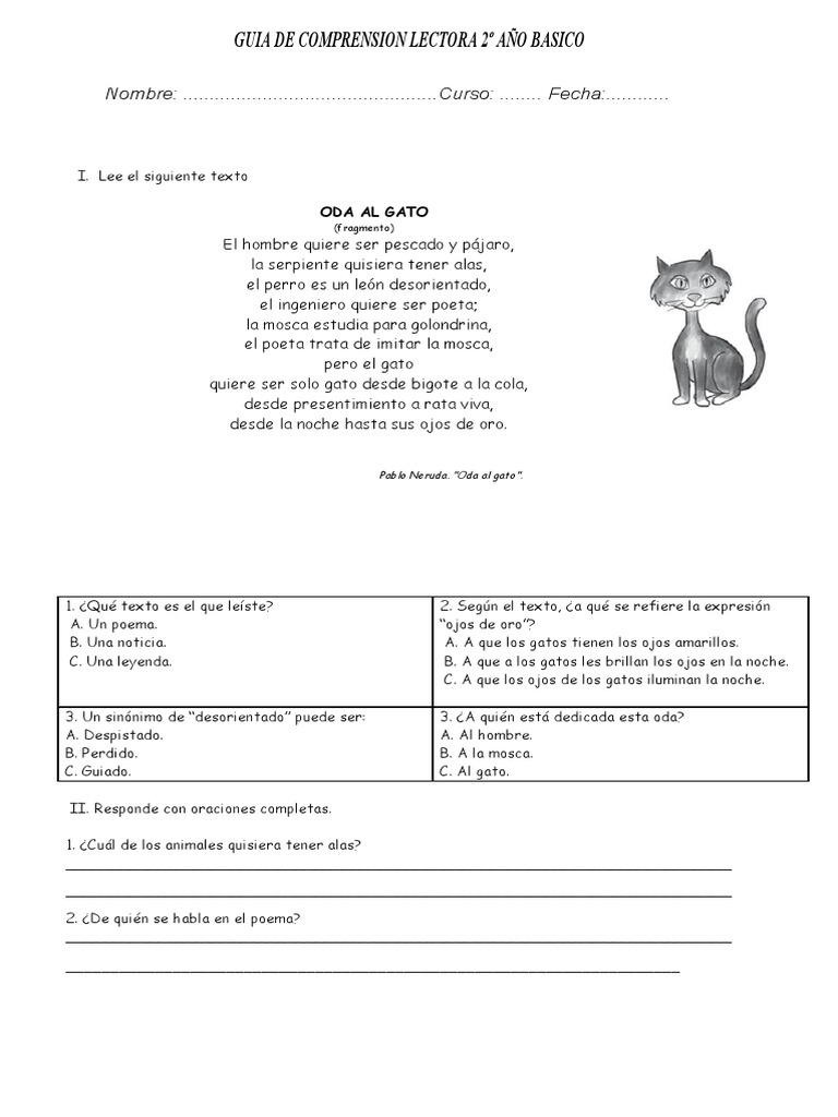Guía de Comprensión Oda Al Gato (Ok) | PDF