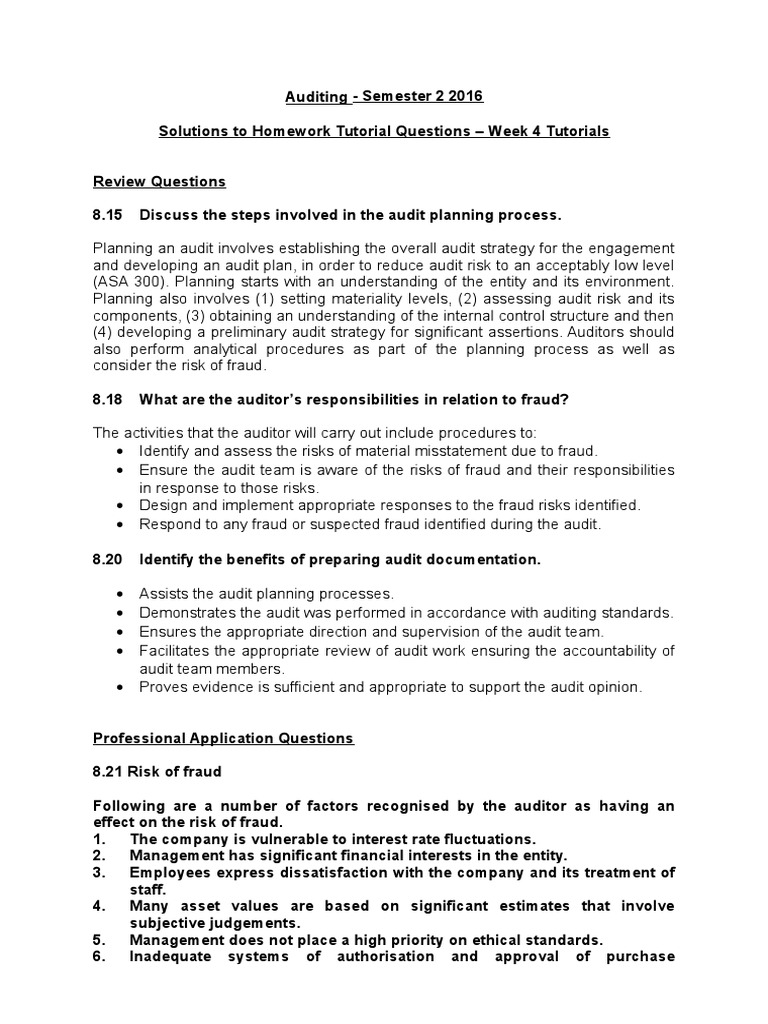 Auditing Sols To Homework Tute Qs - S2 2016 (WK 4 CH 8) | PDF | Audit ...