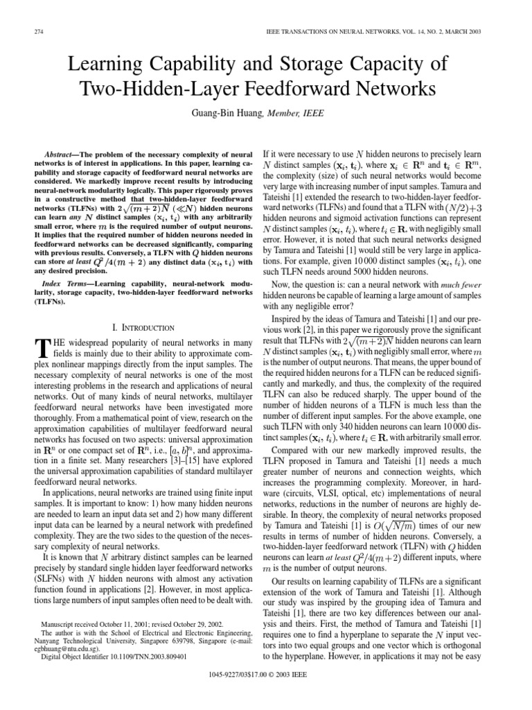 Learning Capability and Storage Capacity of Two-Hidden-Layer Feedforward Networks | PDF ...