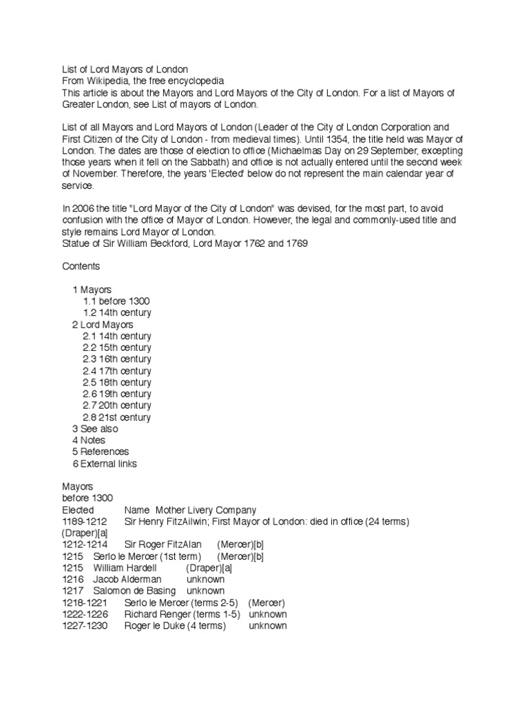 Lord Mayors of London: A Historical List | PDF | London