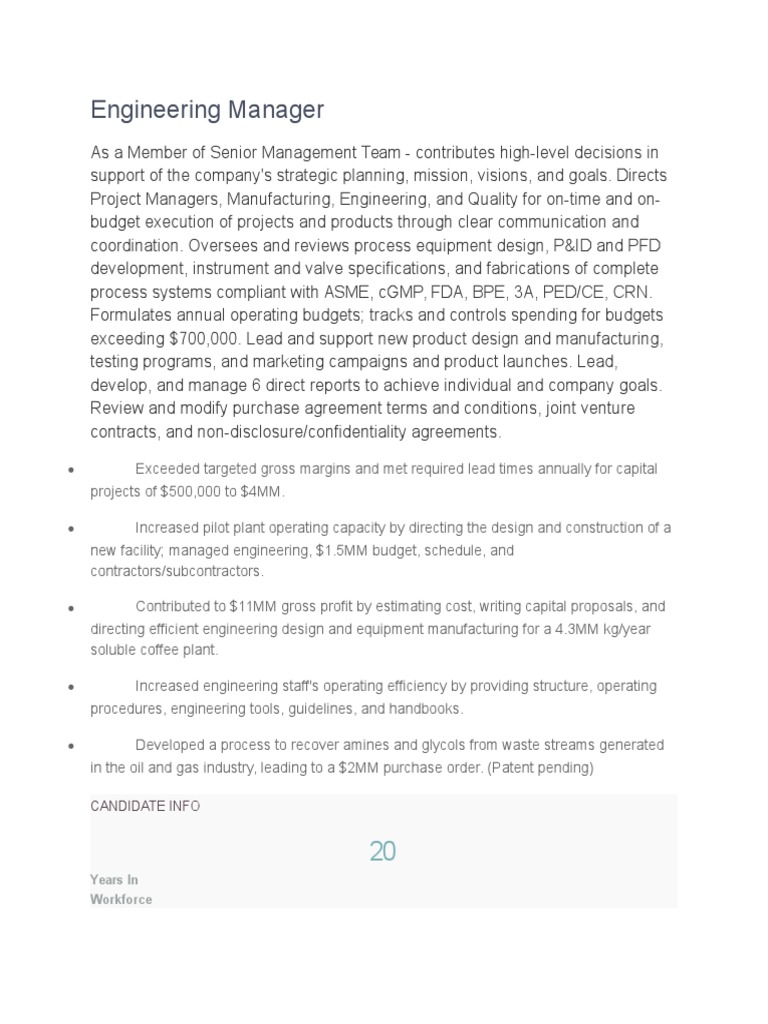 Engineering Manager Resume | PDF | Science And Technology | Engineering