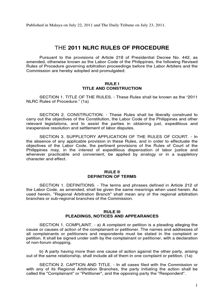 NLRC Rules of Procedure 2011 | PDF | Arbitration | Pleading