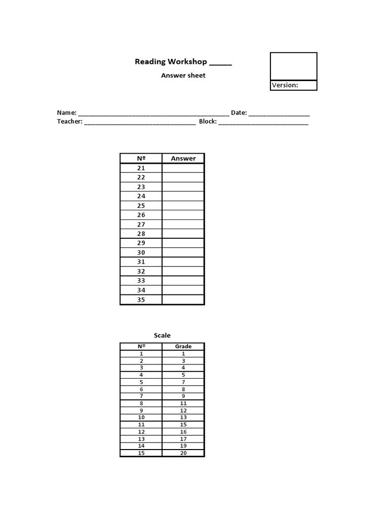 Reading Workshop - Answer Sheet | PDF