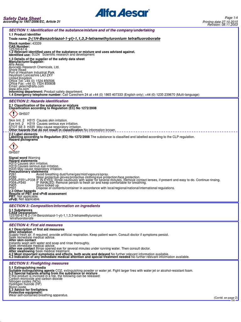 TBTU Msds (Alfa Aesar) | PDF | Dangerous Goods | Toxicity