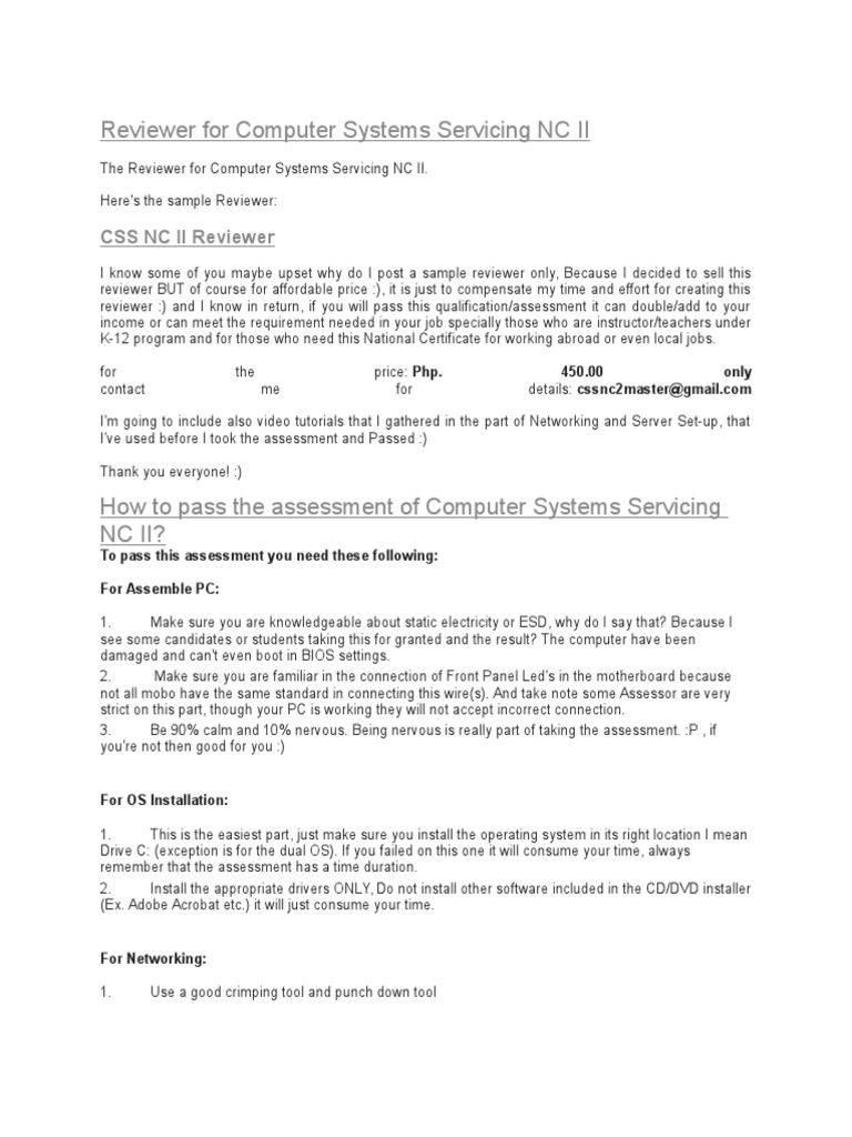 Reviewer For Computer Systems Servicing NC II | PDF | Operating System | Computer Network