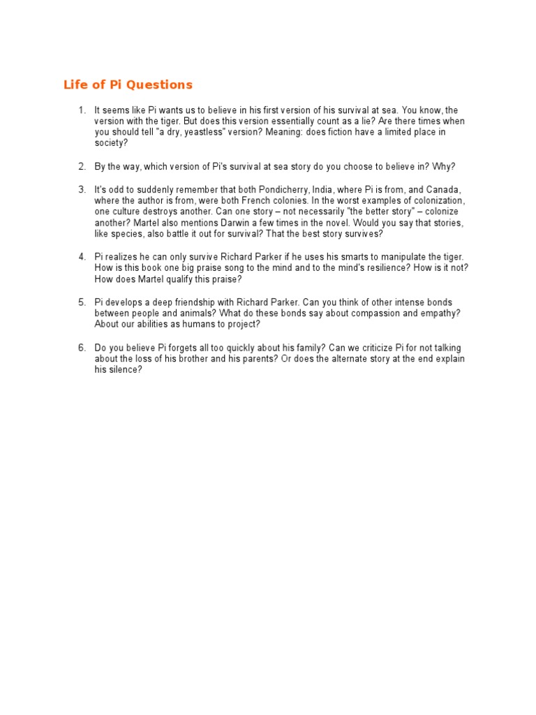 Life of Pi Questions | PDF