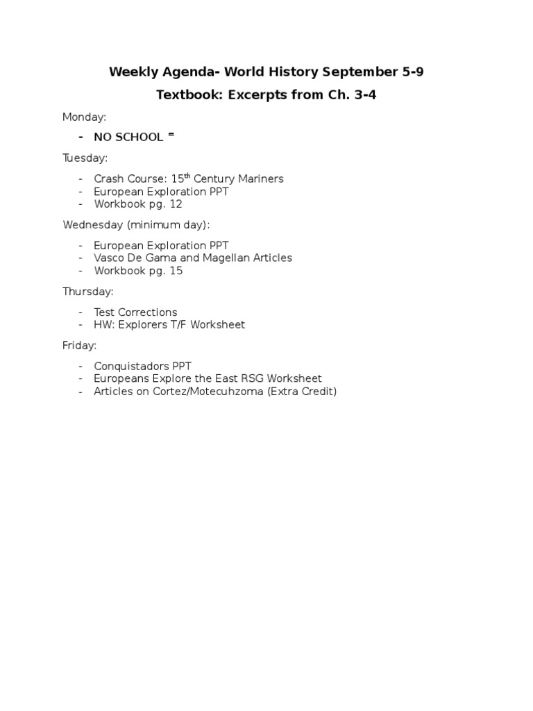World History Weekly Agenda Sep 5 To Sep 9 | PDF