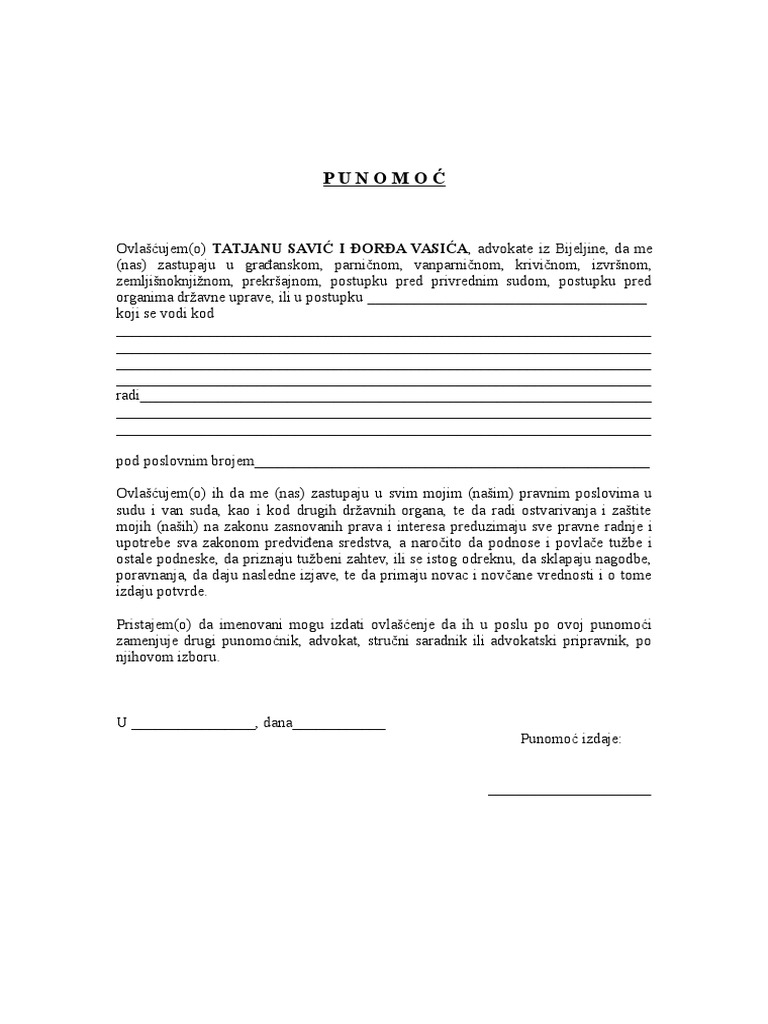 Punomoć - Obrazac | PDF