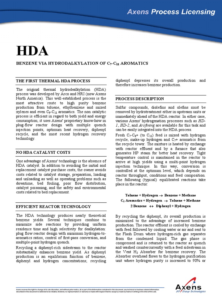Thermal HDA Process for Benzene Production | PDF | Benzene | Toluene
