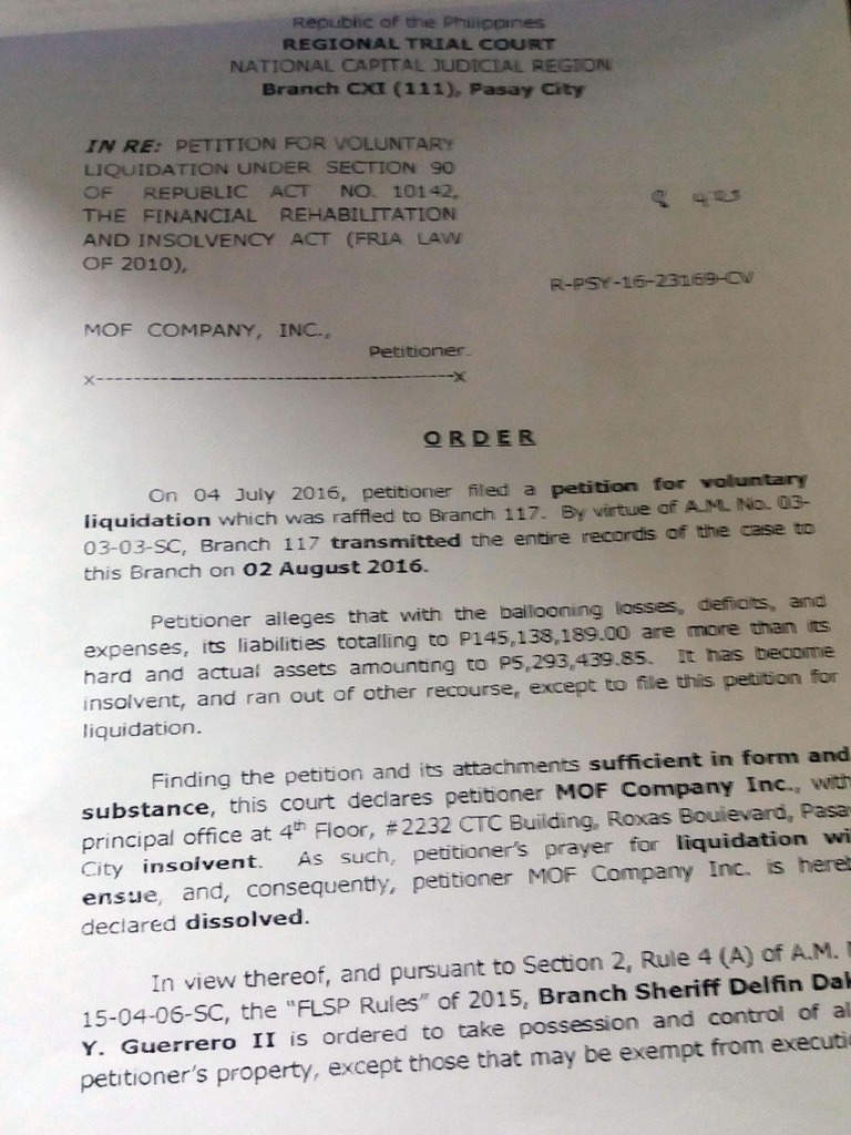 Pasay Court Liquidation Order - MOF Co | PDF