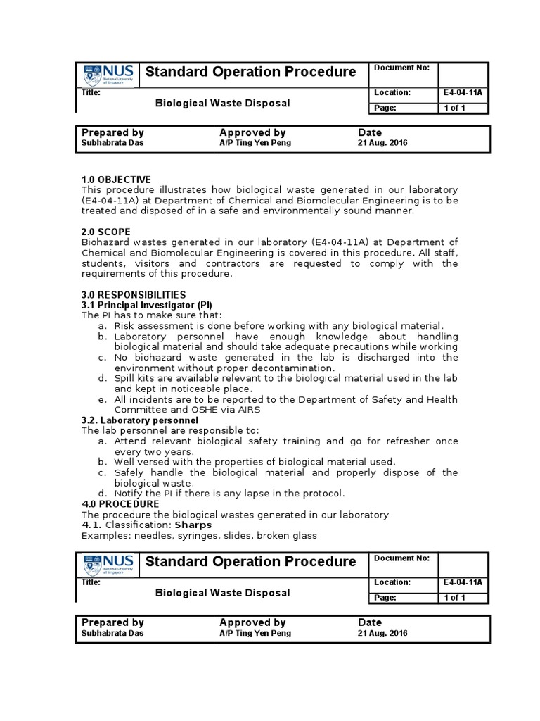 Biological Waste Disposal SOP | PDF | Laboratories | Waste
