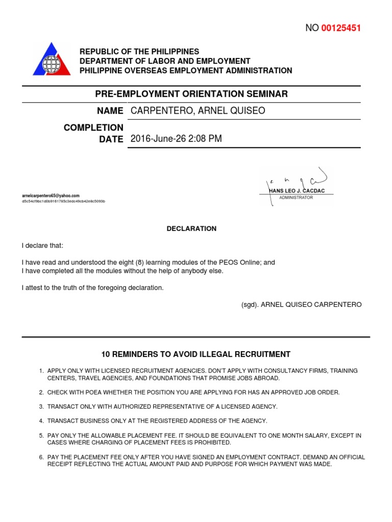 Peos Certificate of Completion 1466921317 | PDF | Travel Visa | Employment