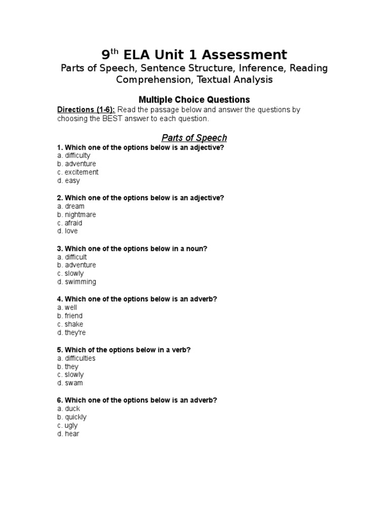 9 ELA Unit 1 Assessment: Parts of Speech, Sentence Structure, Inference ...