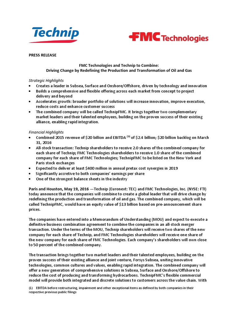 Technip and FMC Technologies Press Release | PDF | Innovation | Mergers ...