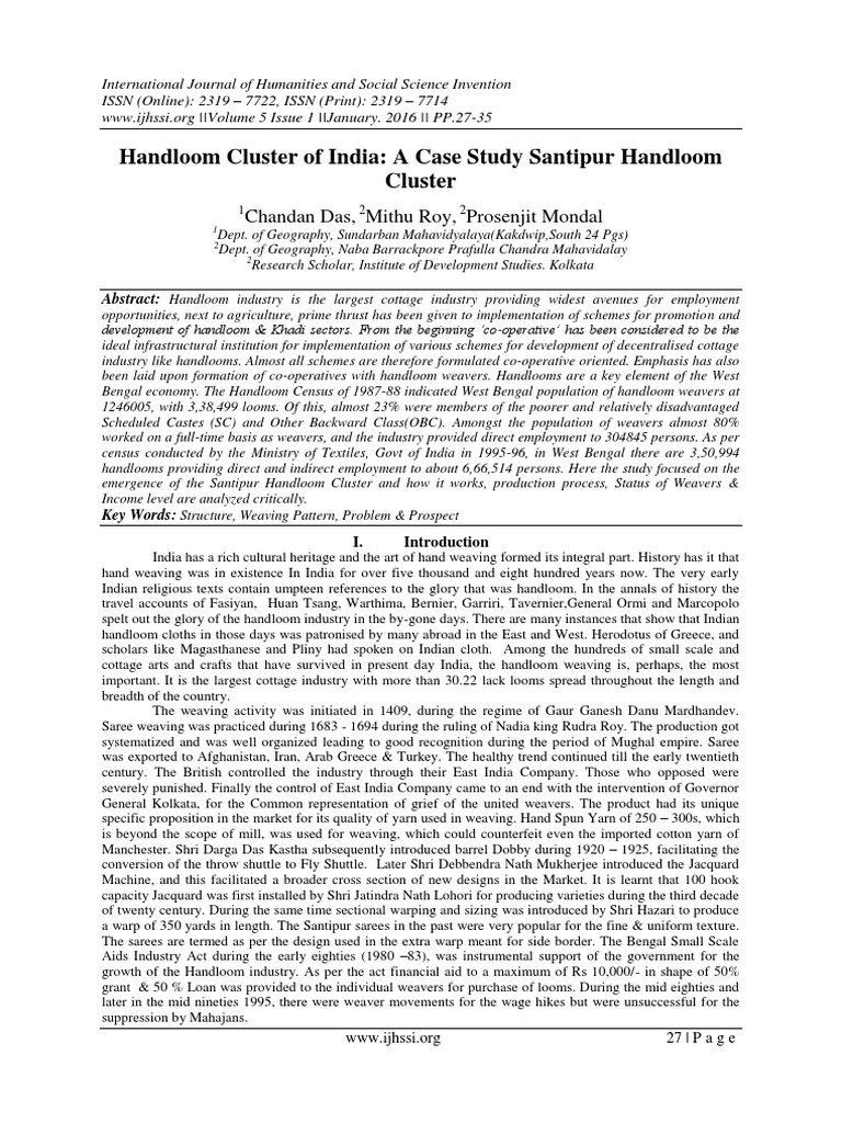 Handloom Cluster of India: A Case Study Santipur Handloom Cluster | PDF | Weaving | Loom