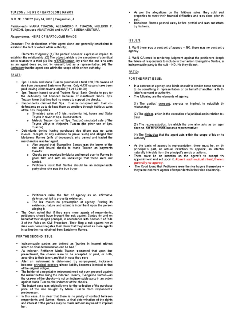 Tuazon v. Heirs of Ramos Case Summary | PDF | Law Of Agency | Lawsuit